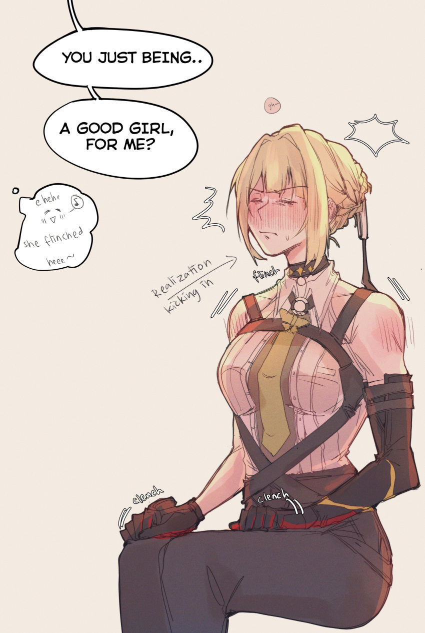 Safebooru - 1girl absurdres bblanckett black gloves black pants blonde hair blush english text ...