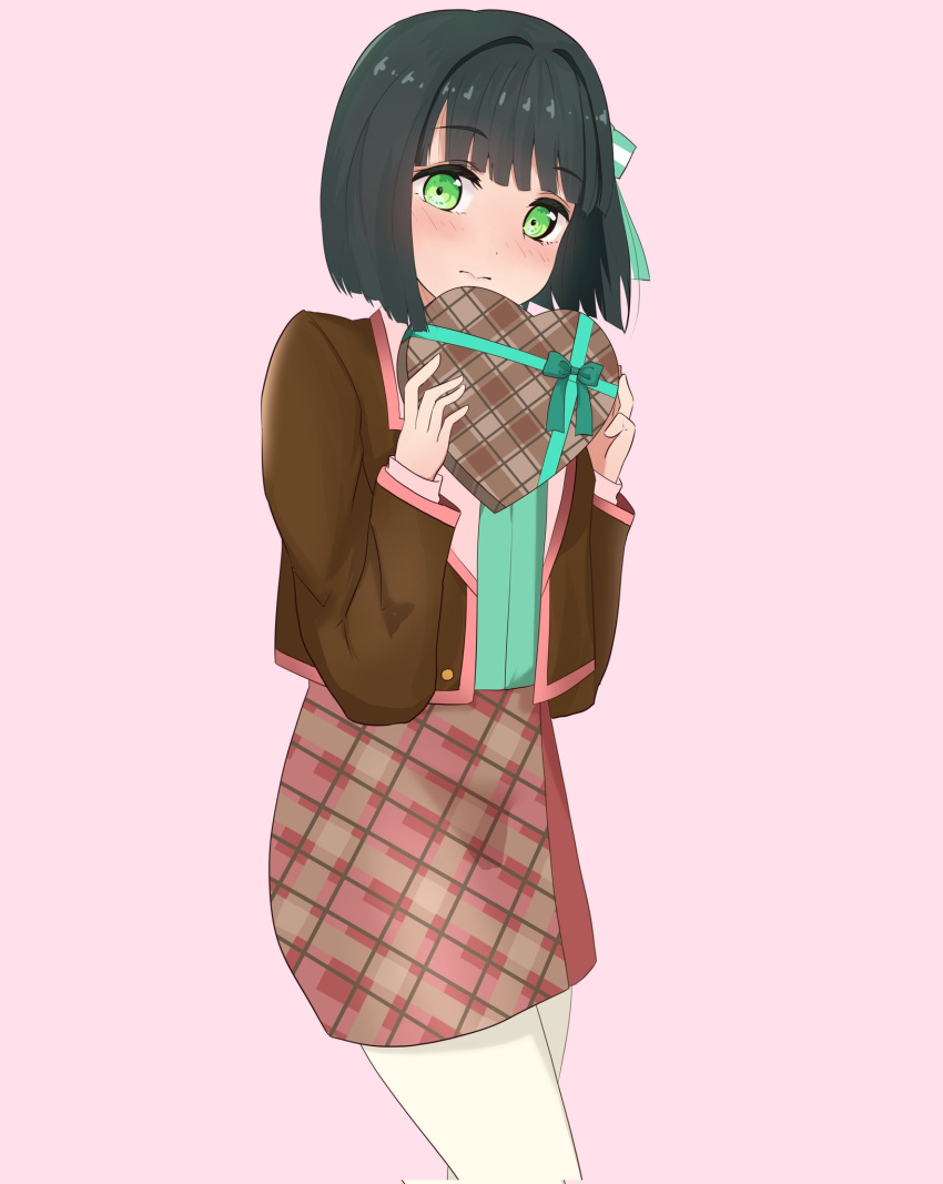 Safebooru - 1girl aqua shirt black hair blunt bangs blunt ends bob cut box brown jacket ...