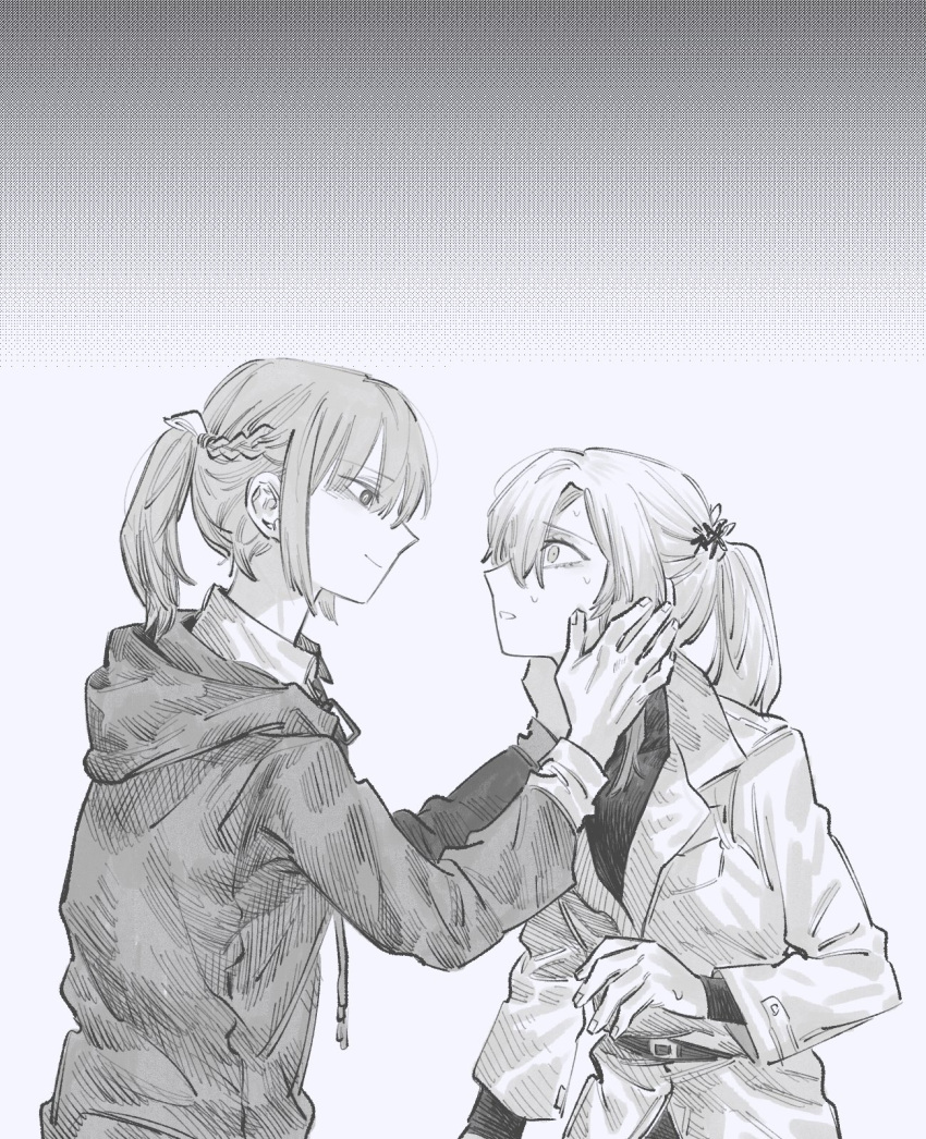 Safebooru - 2girls braid commentary request eye contact greyscale hands ...