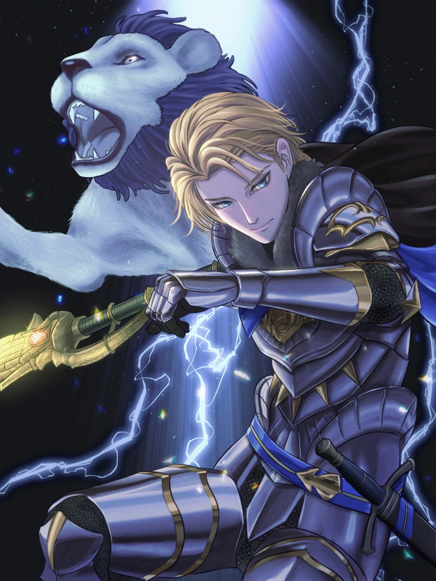 Safebooru - 1boy animal areadbhar (fire emblem) arm up armor black background blonde hair blue ...