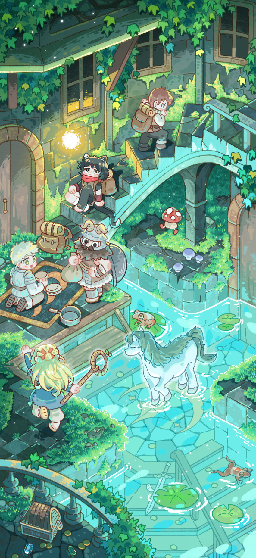 Safebooru - 2girls 3boys absurdres ambrosia (dungeon meshi) animal ears armor backpack bag beard ...