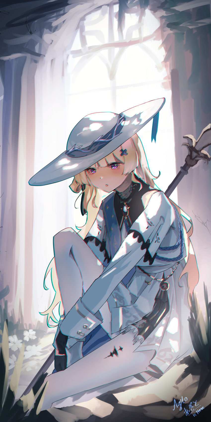 Safebooru - 1girl absurdres agito (agitoishere) black collar blonde hair blue sash chromatic ...