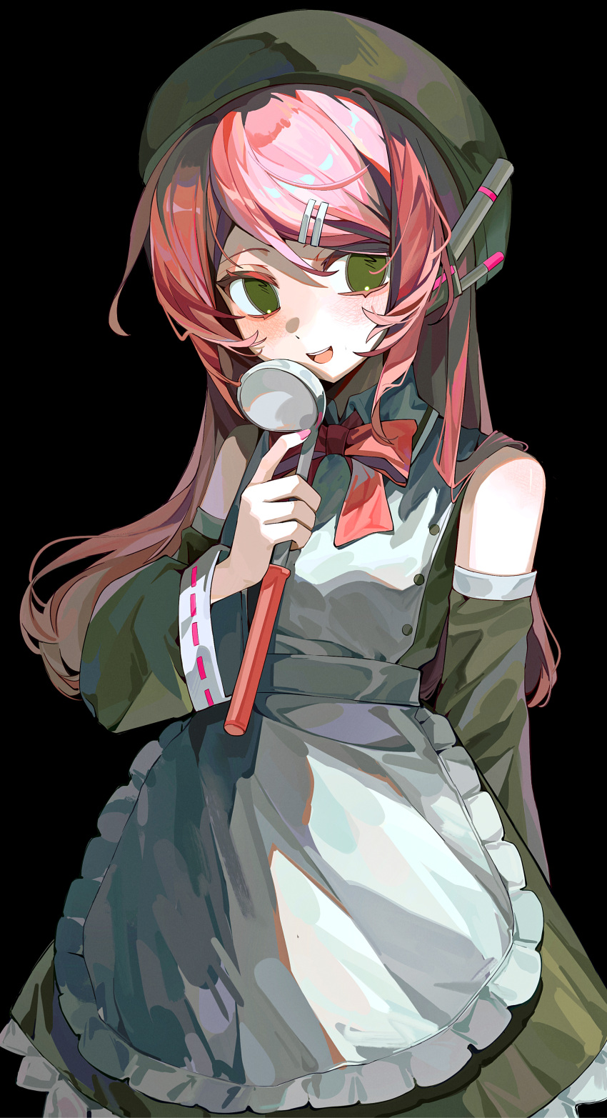 Safebooru - 1girl absurdres apron bare shoulders beret black background bow bowtie detached ...