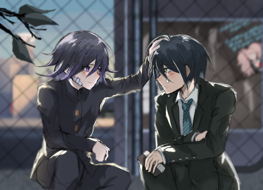 Safebooru - 2boys ahoge bandaid bandaid on cheek bandaid on face black ...