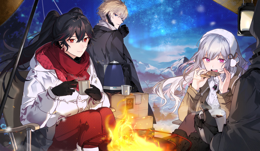 Safebooru - 1boy 1other 2girls absurdres aurora black gloves black hair black jacket blonde hair ...