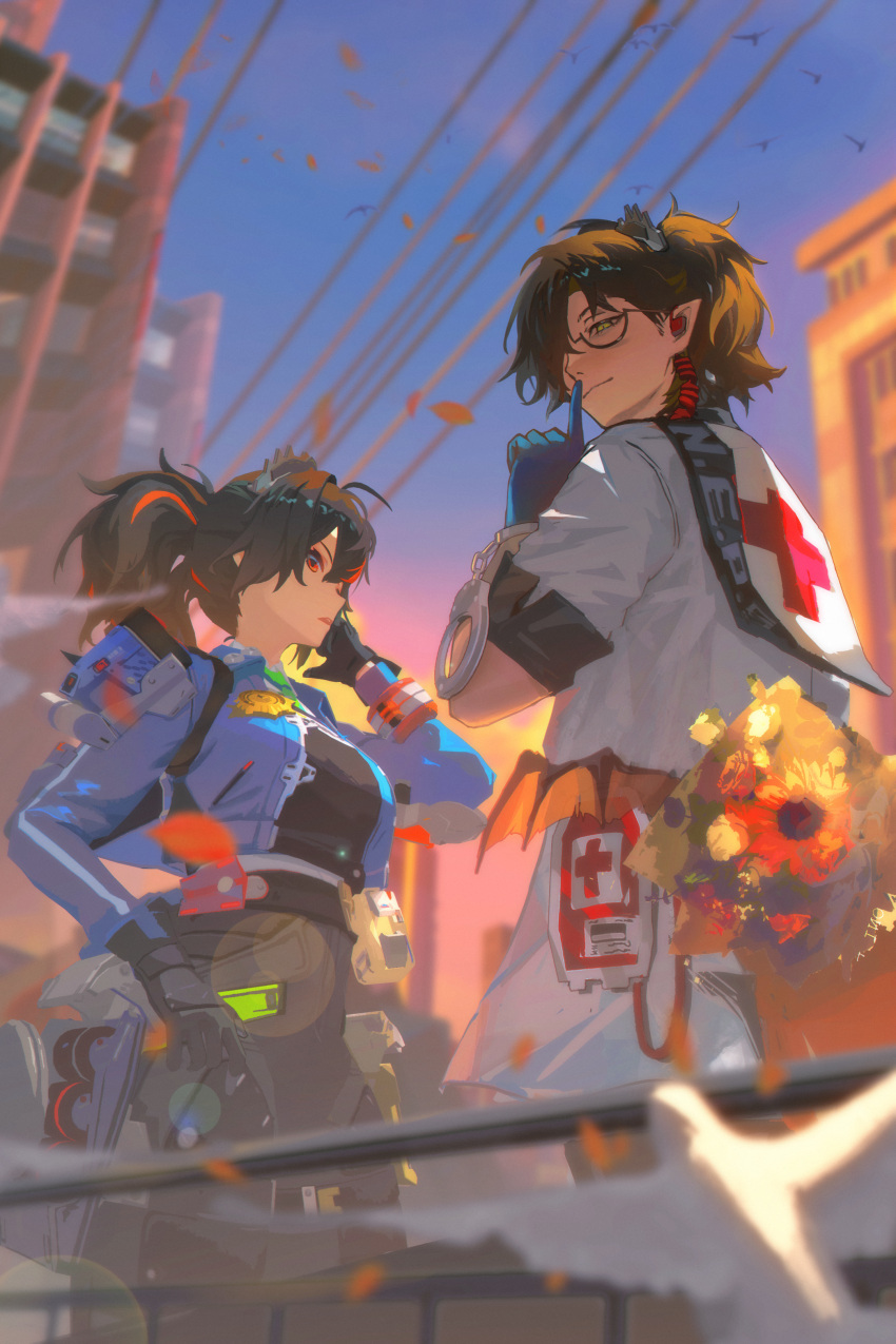 Safebooru - 1boy 1girl absurdres black gloves black hair black pants blue jacket blue sky ...