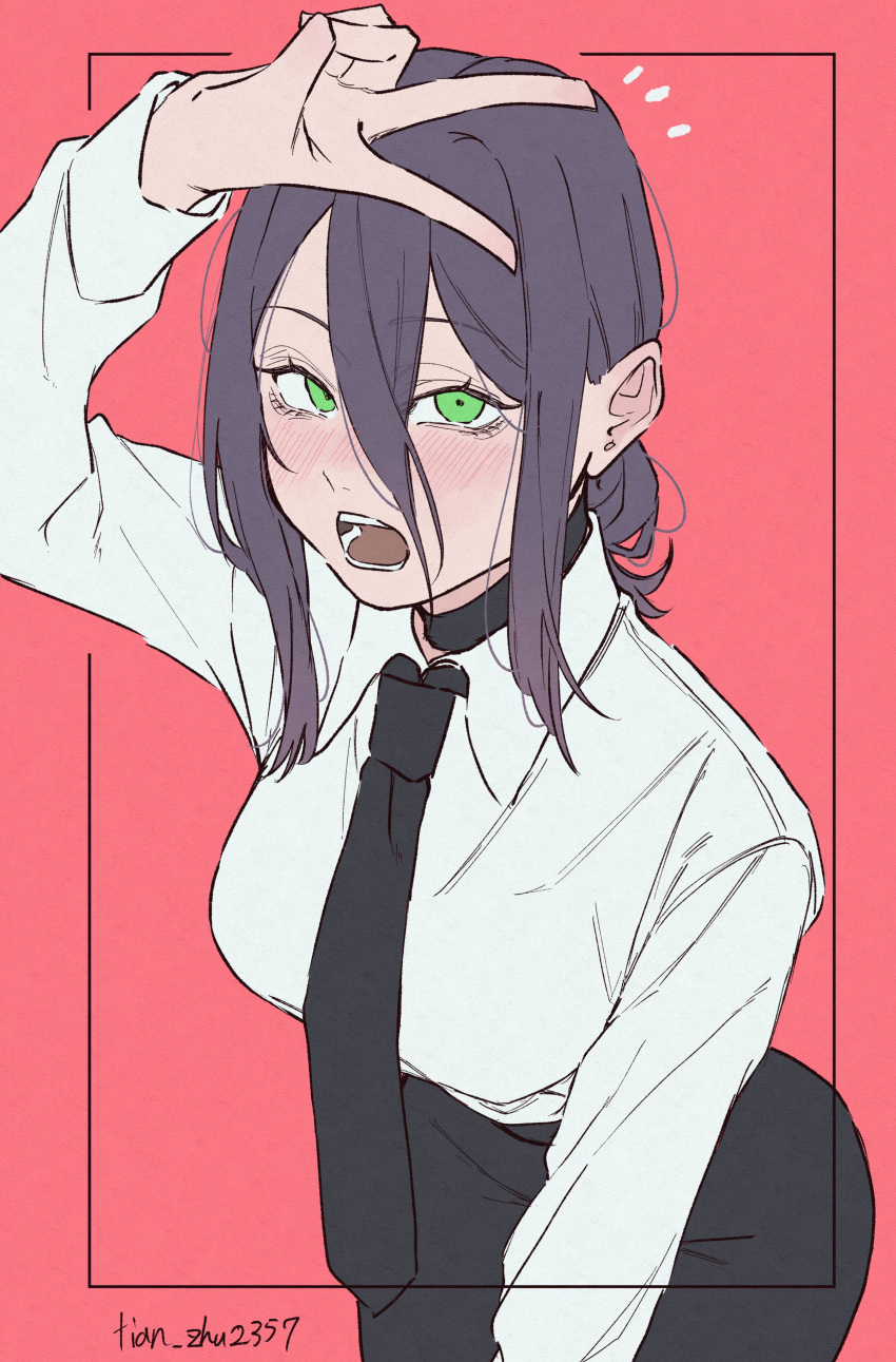 Safebooru - 1girl absurdres bent over black choker black necktie black pants blush chainsaw man ...