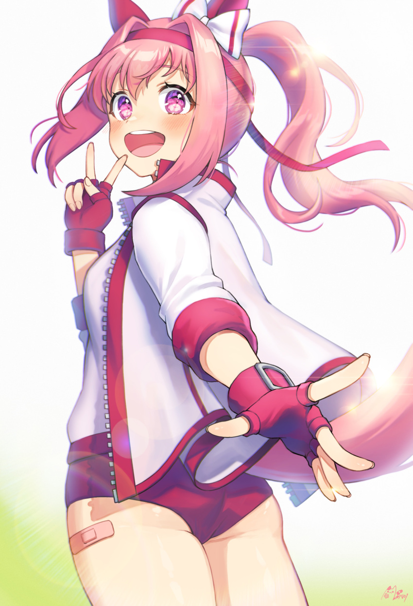 Safebooru - 1girl animal ears arm up ass bandaid bandaid on leg blush bow buruma fingerless ...