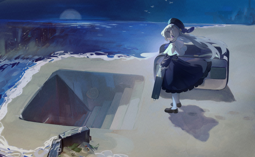 Safebooru - 1girl absurdres ascot beach beret black hat blonde hair blue ascot blue dress blue ...