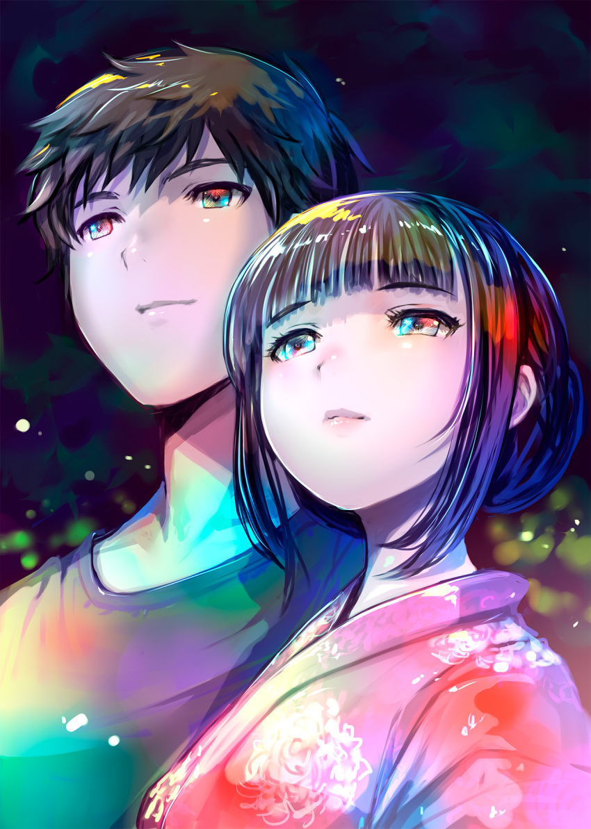 Safebooru - 1boy 1girl aerial fireworks aqua eyes black hair commentary ...