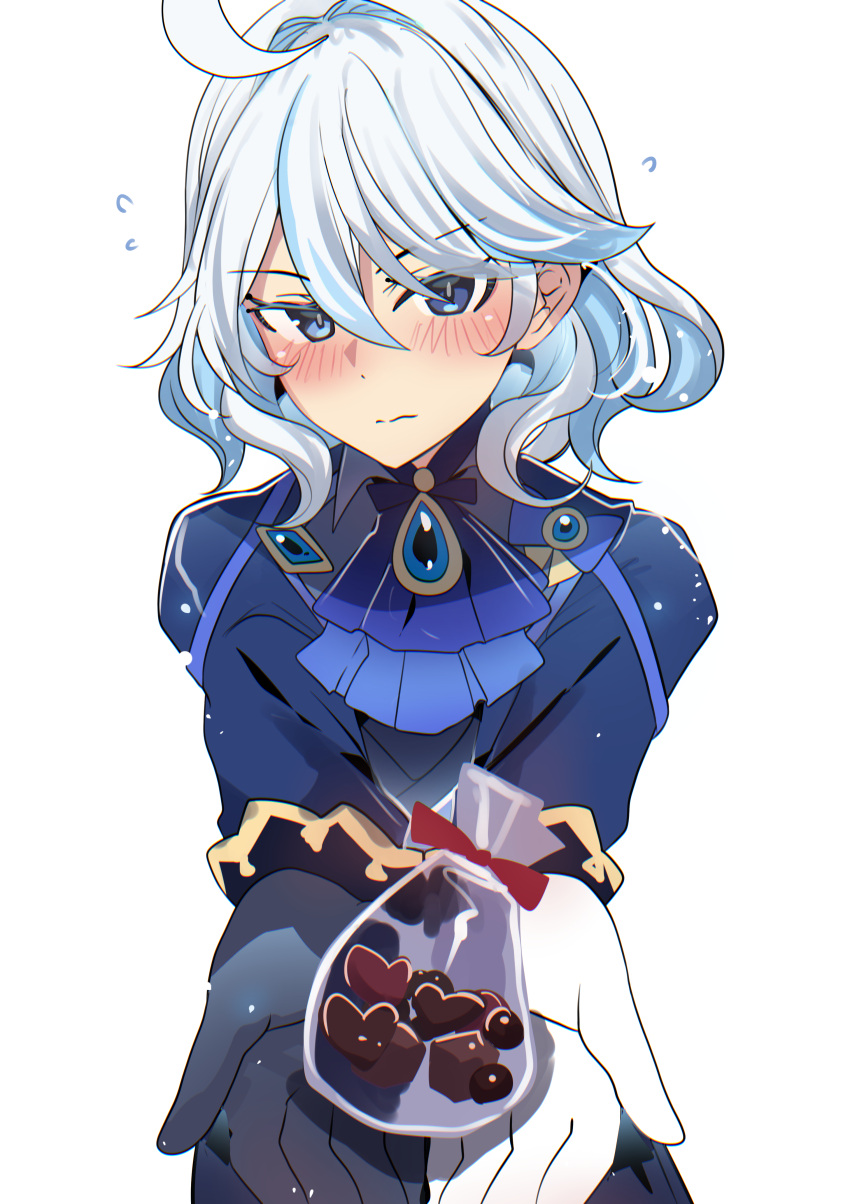 Safebooru - 1girl absurdres ahoge ascot asymmetrical gloves bag black gloves blue ascot blue ...