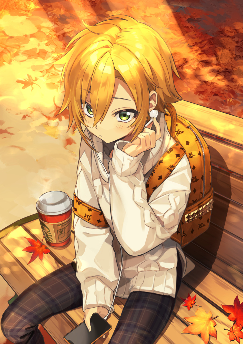 Safebooru - 1boy absurdres autumn leaves backpack bag bench blonde hair cellphone closed mouth ...