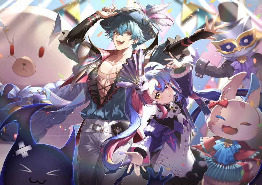 Safebooru - 1boy 1girl :d black collar blue hair blue shirt brant ...