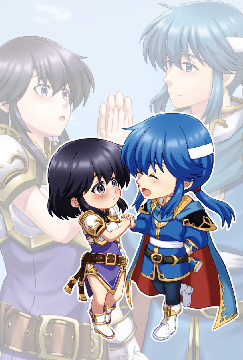 Safebooru - 1boy 1girl :o armor belt black hair blue hair blue sky blush breastplate cape chibi ...
