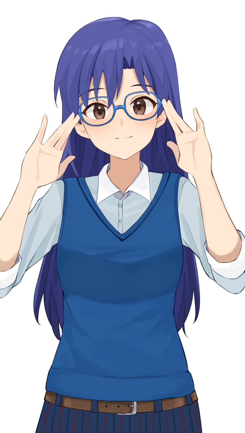 Safebooru - 1girl absurdres adjusting eyewear belt belt buckle blue-framed eyewear blue hair ...