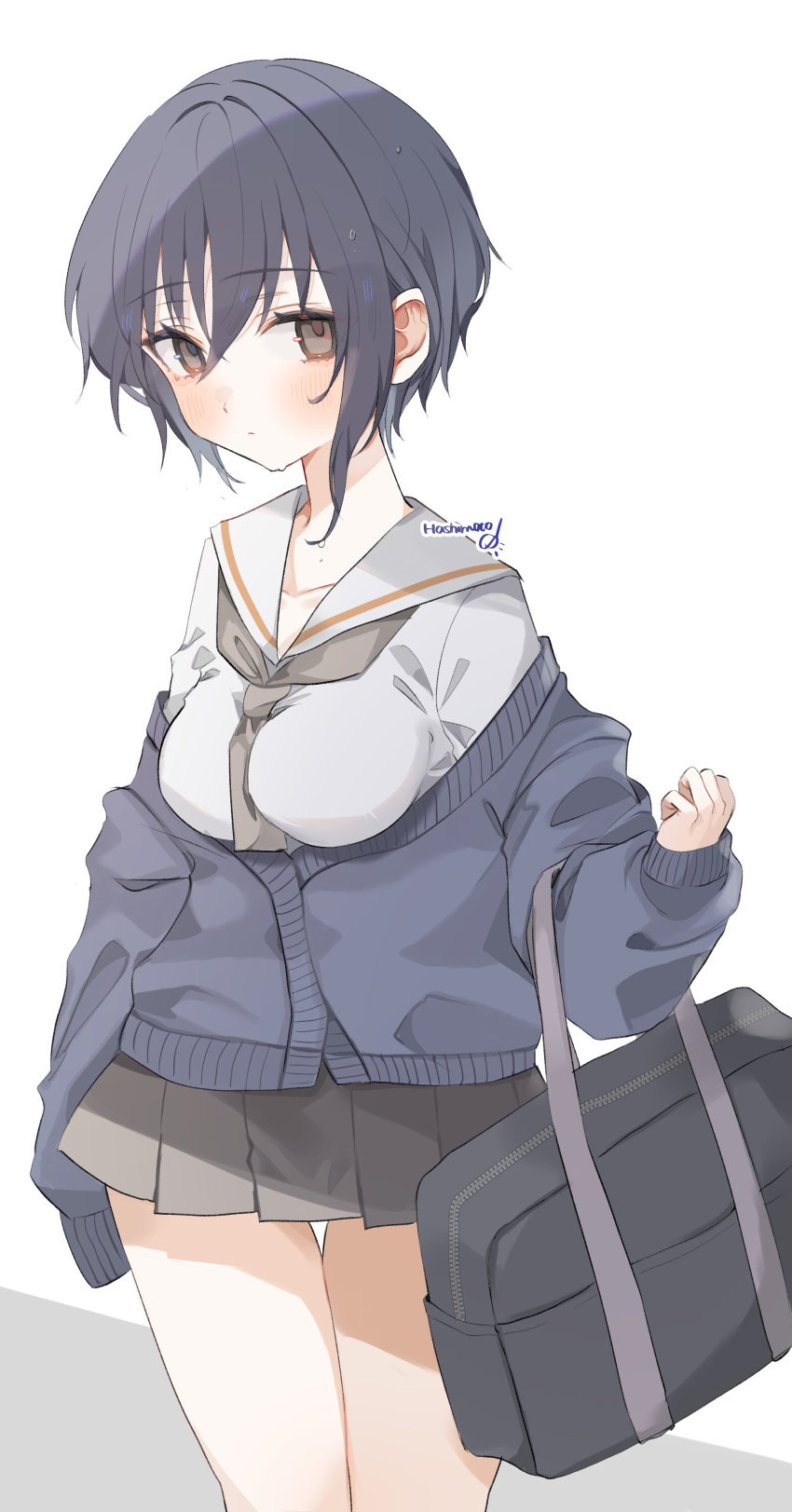 Safebooru - 1girl absurdres alternate costume asymmetrical hair bag black hair blue jacket ...