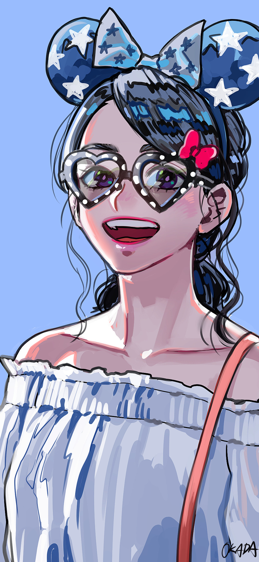 Safebooru - 1girl absurdres bag bare shoulders black hair blue background bow collarbone glasses ...