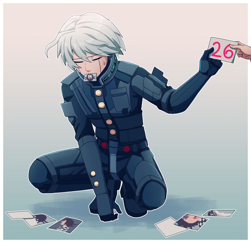 Safebooru - 1boy 1other ahoge android bangs black pants border card ...