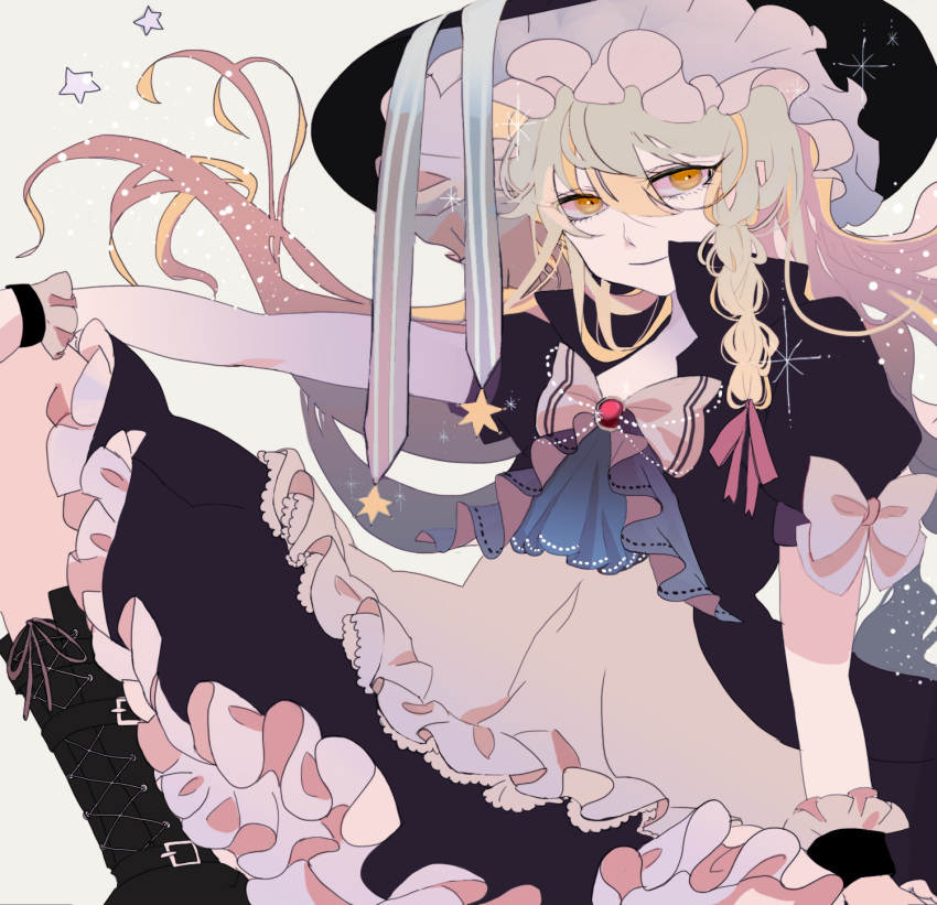 Safebooru - 1girl apron bangs black dress black footwear blonde hair boots bow braid buttons ...