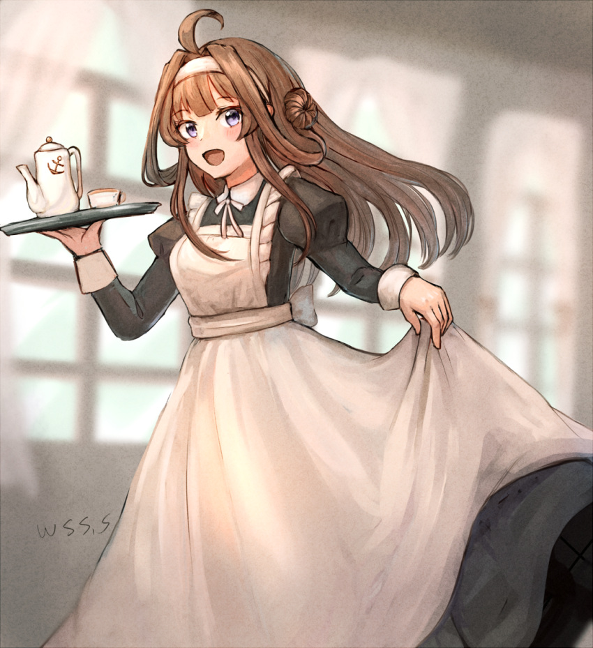 Safebooru - 1girl ahoge alternate costume apron black dress brown hair double bun dress enmaided ...