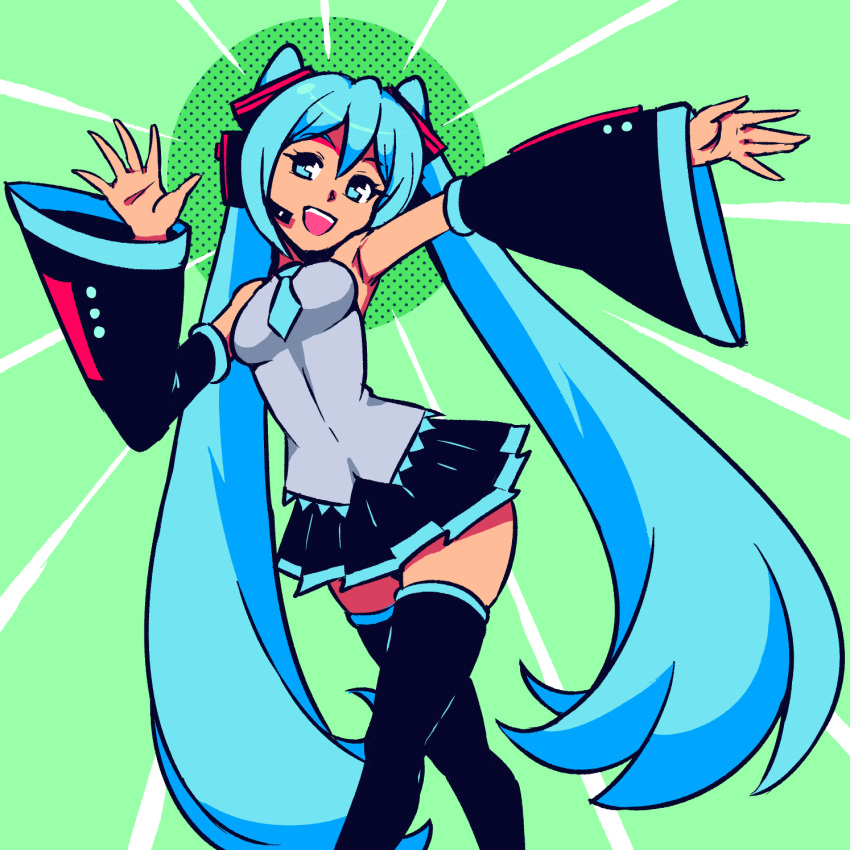 Safebooru - 1girl akairiot aqua hair aqua neckwear armpits arms up black legwear black skirt ...