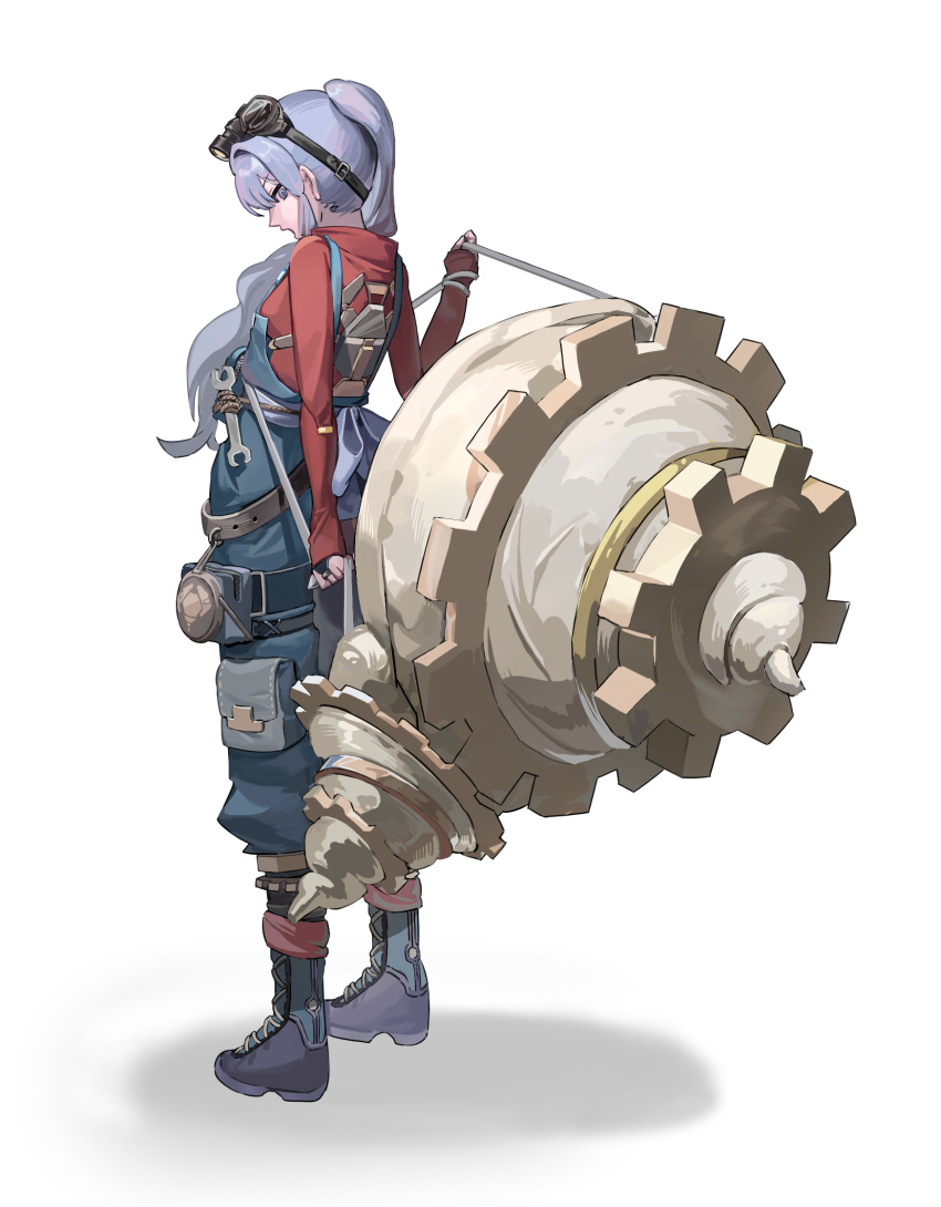 Safebooru - 1girl bamppang (gzzk2537) blue eyes blue hair blue overalls boots bridal gauntlets ...