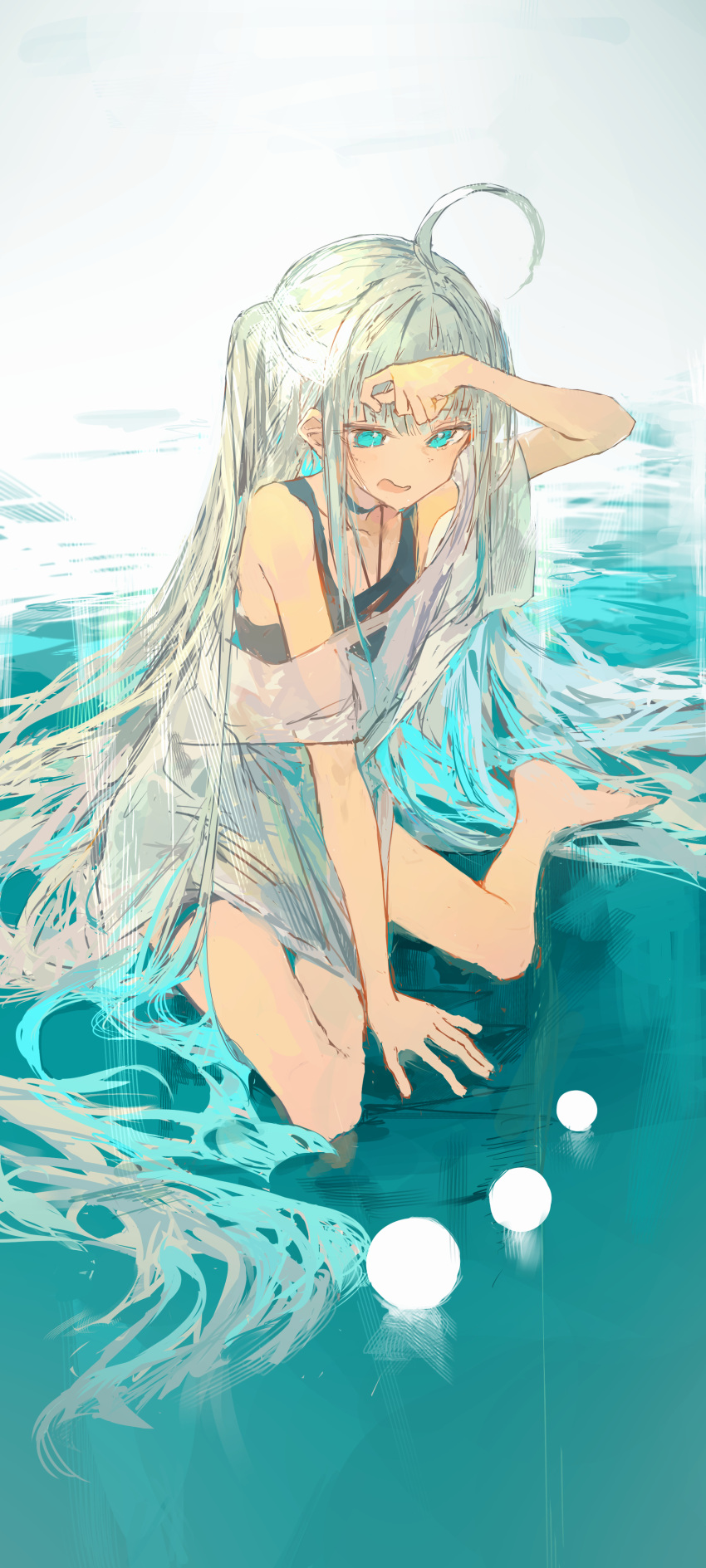 Safebooru - absurdres aqua eyes arm support arm up black tank top grey background grey hair ...