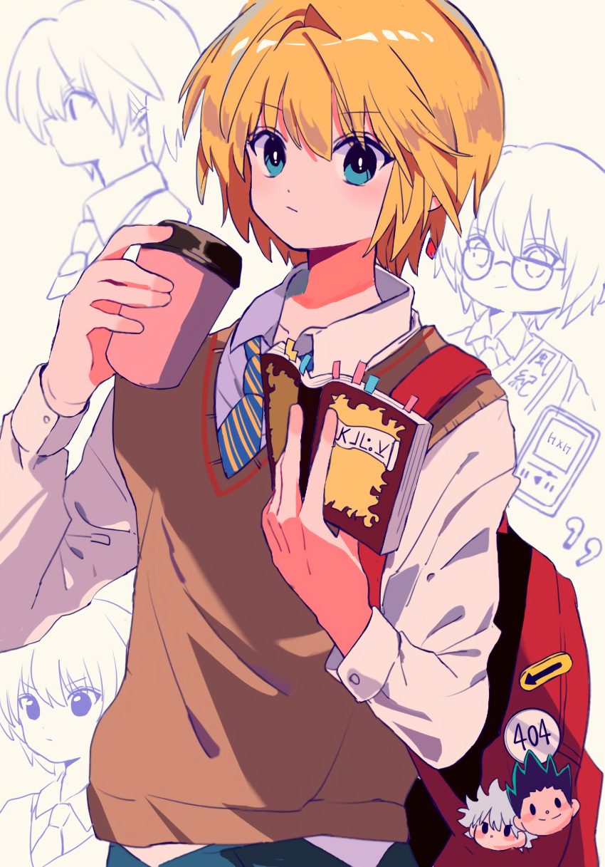 Safebooru - 1boy aqua eyes backpack bag blonde hair brown vest casual character sticker cup ...