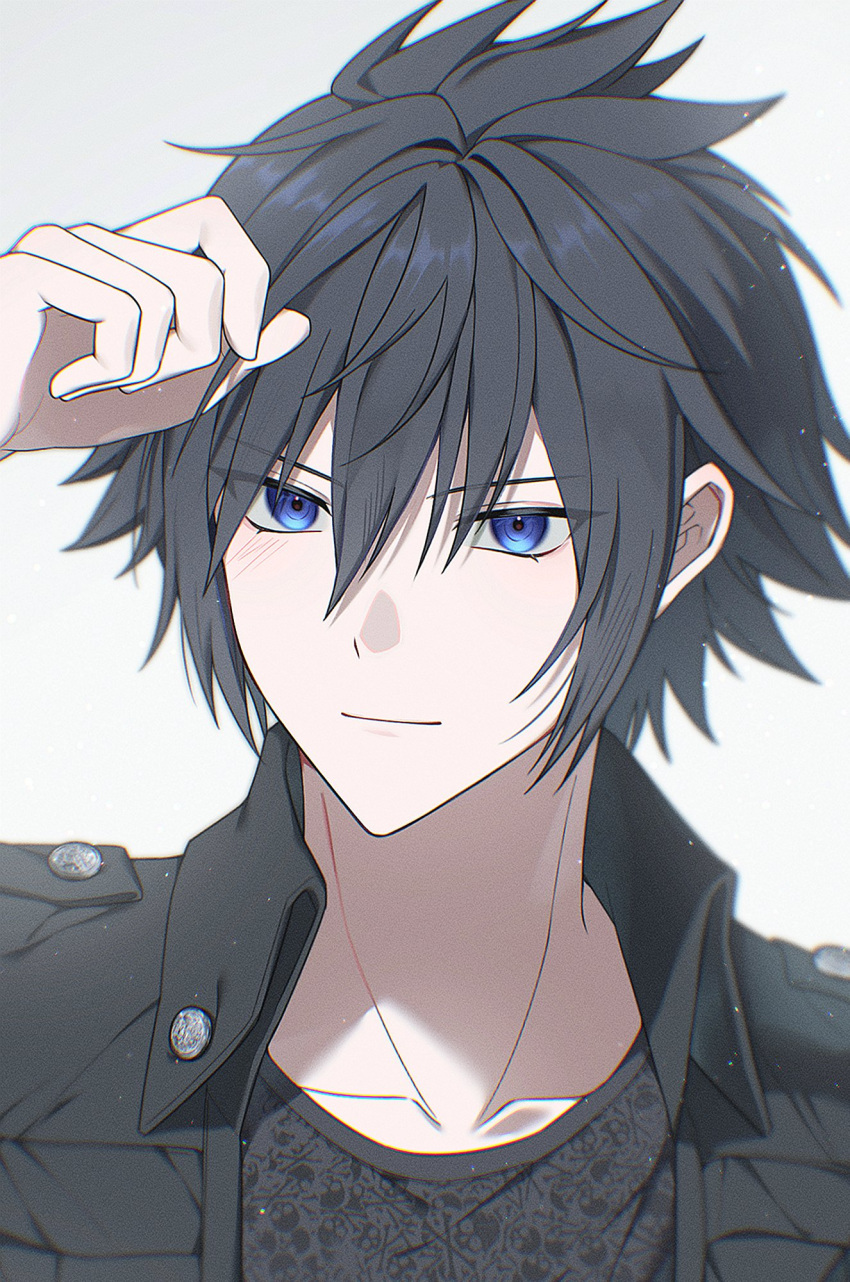 Safebooru - 1boy arm up black jacket black shirt blue eyes closed mouth collared jacket ...