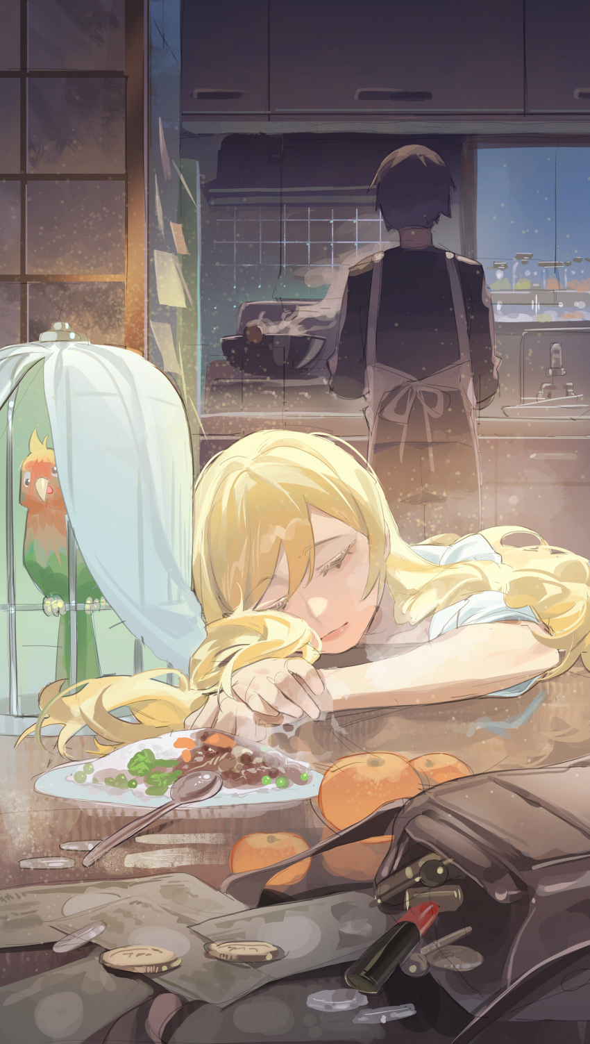 Safebooru - 1boy 1girl absurdres aisaka taiga bird birdcage black hair black shirt blonde hair ...