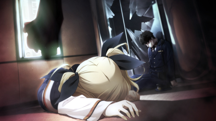 Safebooru - 1boy 1girl arimura hinae black hair black jacket black necktie black ribbon bleeding ...