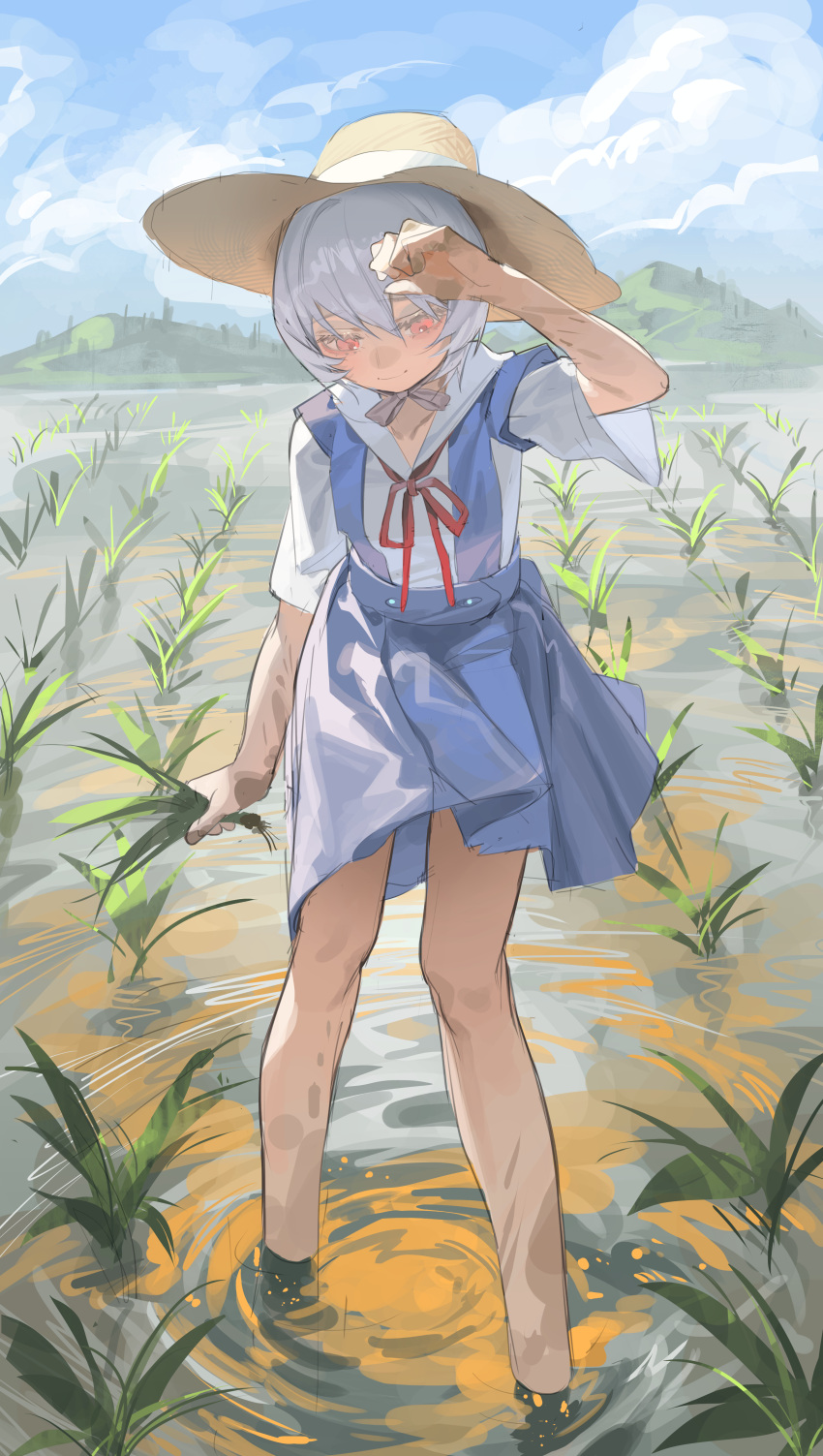 Safebooru - 1girl absurdres ayanami rei blue skirt closed mouth grey hair hair between eyes hat ...