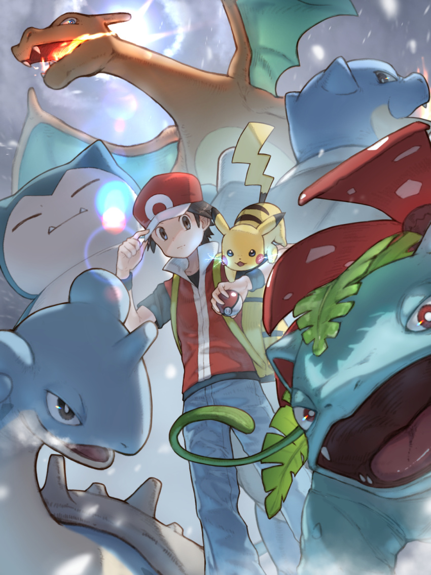 Safebooru - 1boy blastoise blue pants brown hair charizard creature fire hat highres ivysaur ...