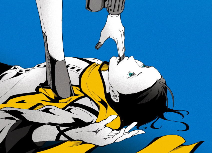 Safebooru - 1boy 1girl aigis (persona) arm up black hair black pants black trim blue background ...