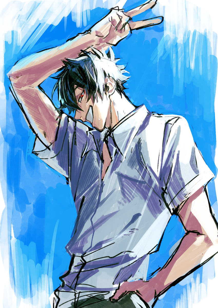 Safebooru - 1boy absurdres black hair blue background from side hand in ...
