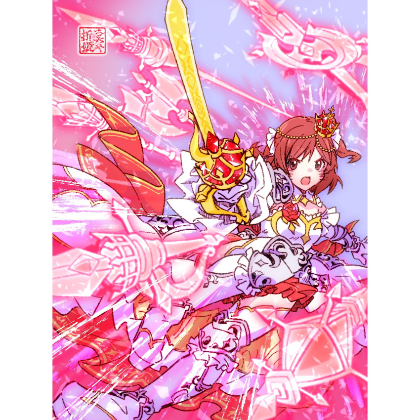 Safebooru - 1girl aijou karen armor armored boots artist name axe battle axe blue background ...