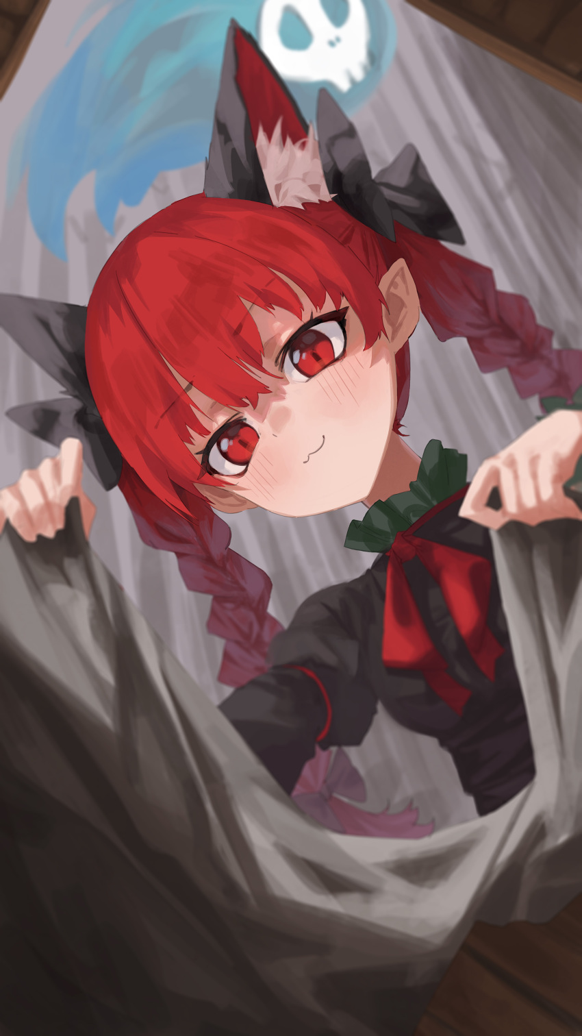 Safebooru - 1girl :3 absurdres animal ears black dress black ribbon blush braid cat ears cat ...