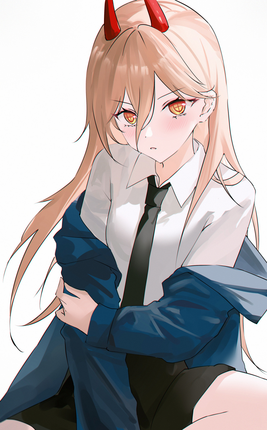 Safebooru - 1girl absurdres black necktie blonde hair blue jacket chainsaw man collared shirt ...