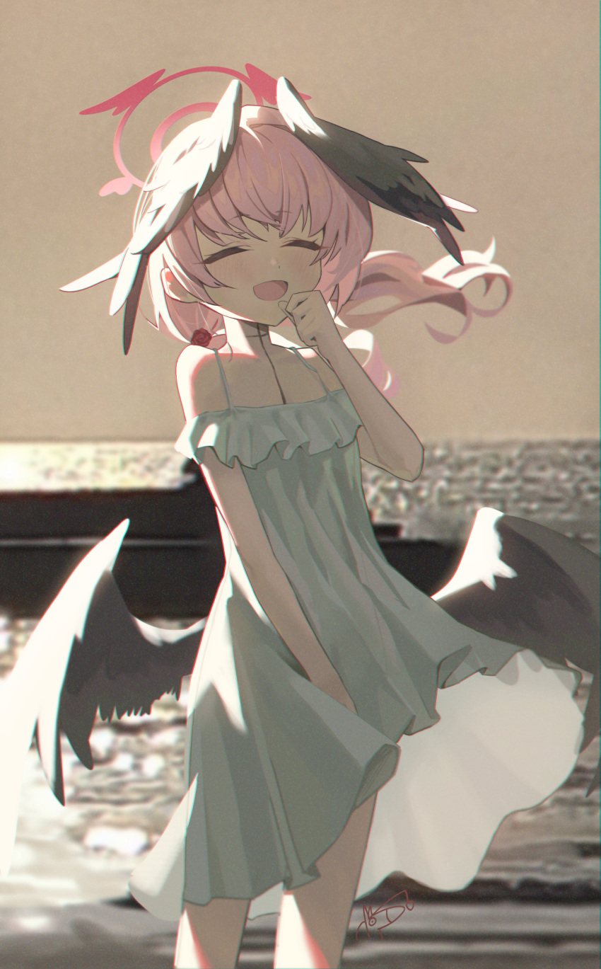 Safebooru - 1girl absurdres black wings blue archive dan nako dress feathered wings halo head ...