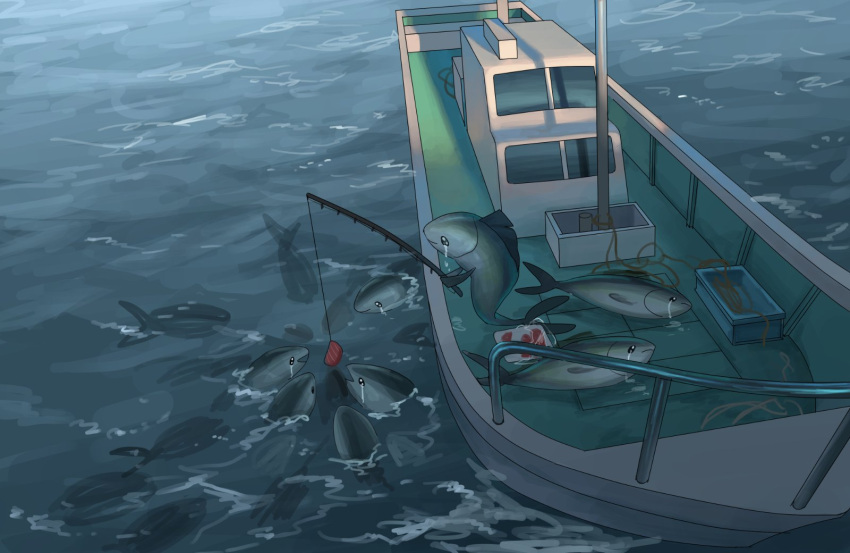 Safebooru - boat crying fins fish fishing fishing rod food frown ...