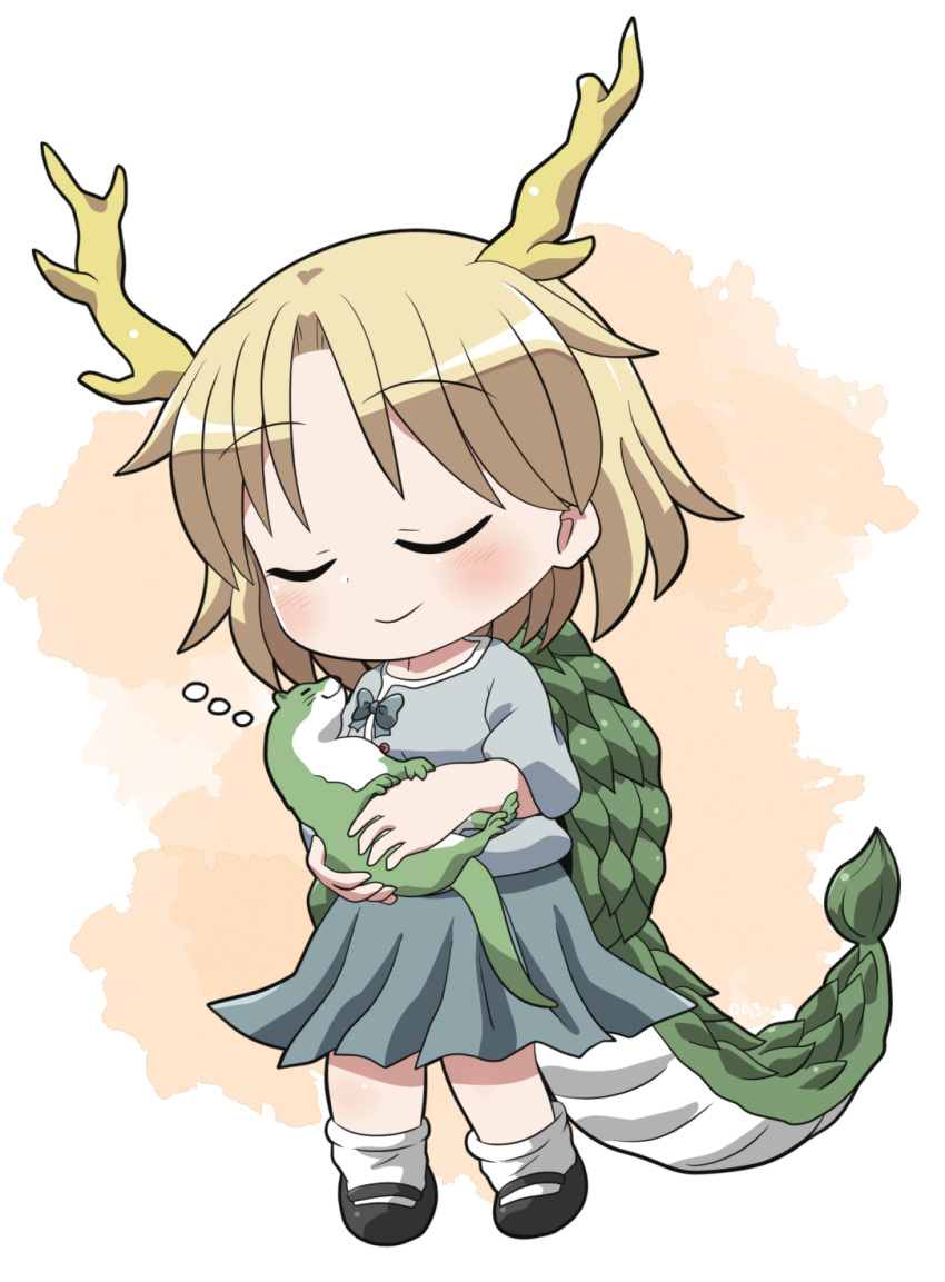 Safebooru - 1girl animal antlers black shoes blonde hair blue shirt ...