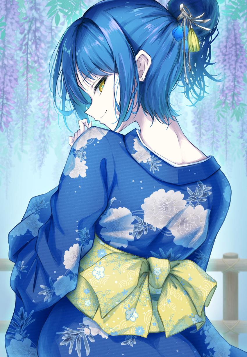 Safebooru - 1girl blue hair blue kimono blue pupils cowboy shot floral print floral print kimono ...