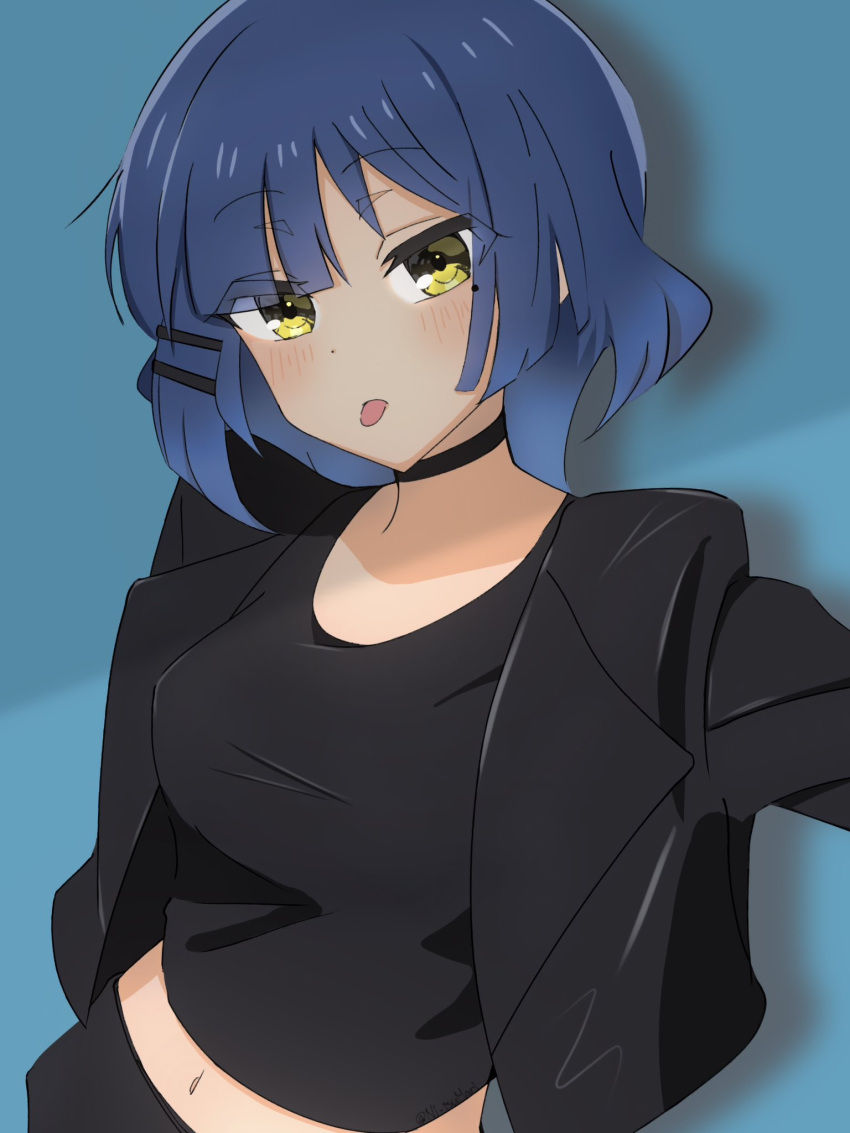 Safebooru - 1girl black choker black shirt black suit blue background blue hair blush bocchi the ...