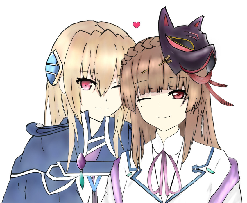 Safebooru - 2girls blonde hair braid brown hair capelet crown braid fox mask hair between eyes ...