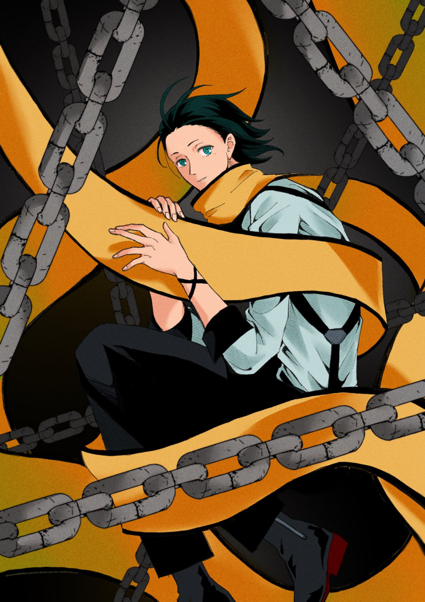 Safebooru - arms up belt black hair black pants black shoes black trim blue eyes chain closed ...