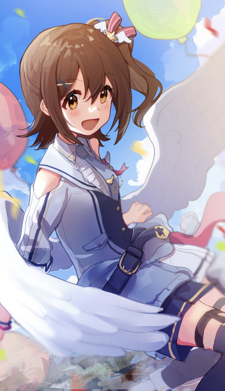 Safebooru - 1girl absurdres balloon belt blue belt blue necktie blue skirt brown eyes brown hair ...