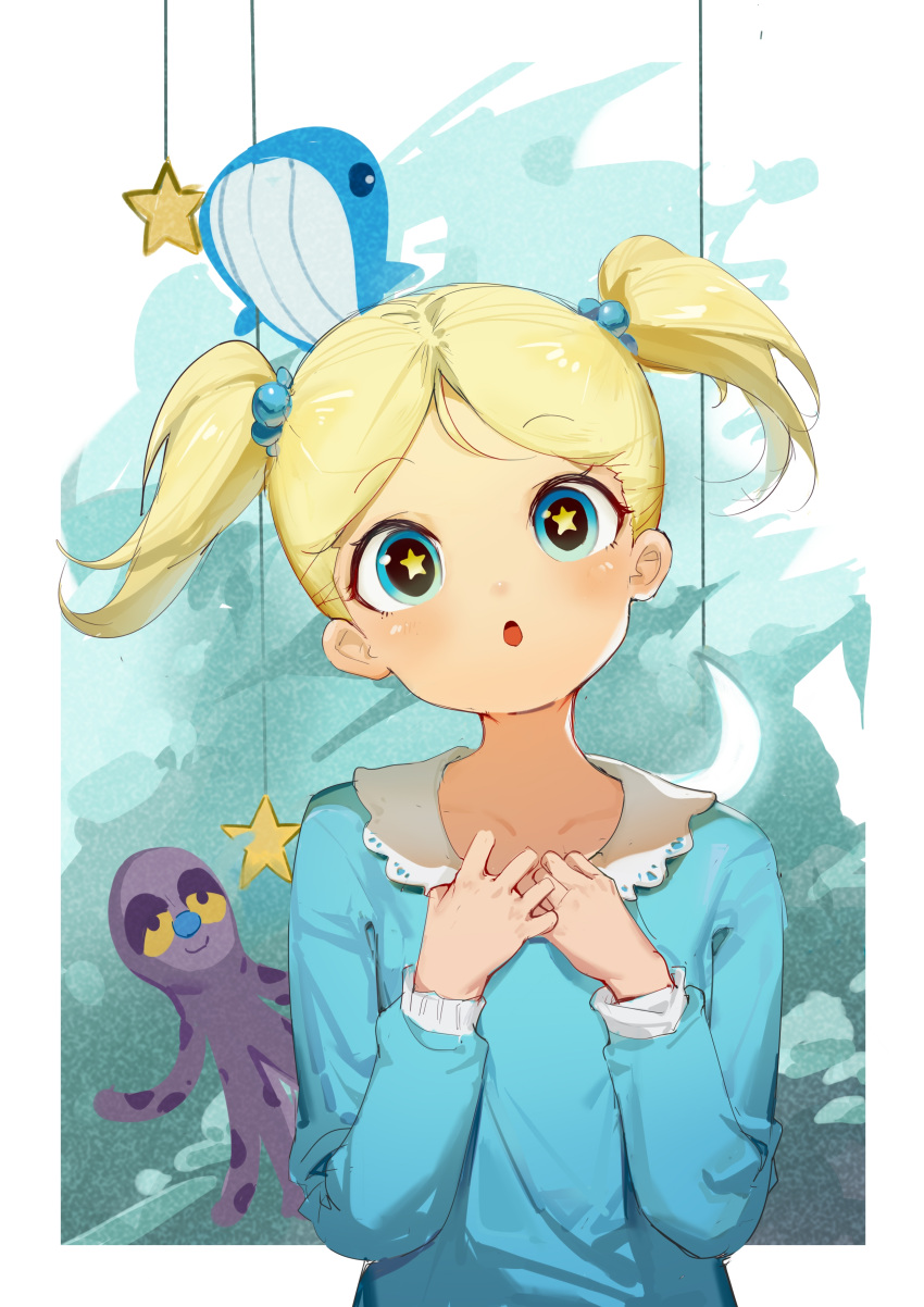 Safebooru - 1girl :o absurdres blue eyes blue shirt blush border bubbles (ppg) chinese ...