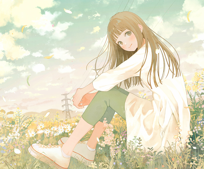 Safebooru - 1girl blue sky blush brown eyes brown hair clouds field flower flower field green ...