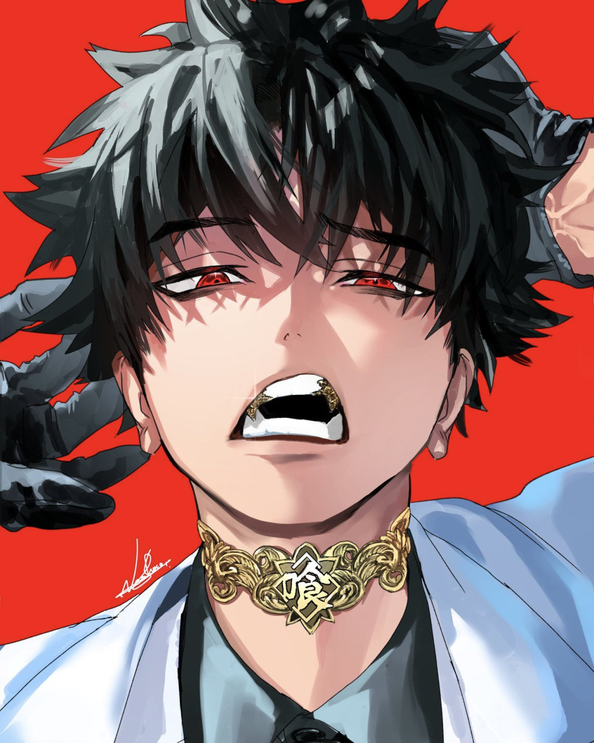 Safebooru - 1boy black gloves black hair choker fangs gloves gold choker highres jewelry looking ...