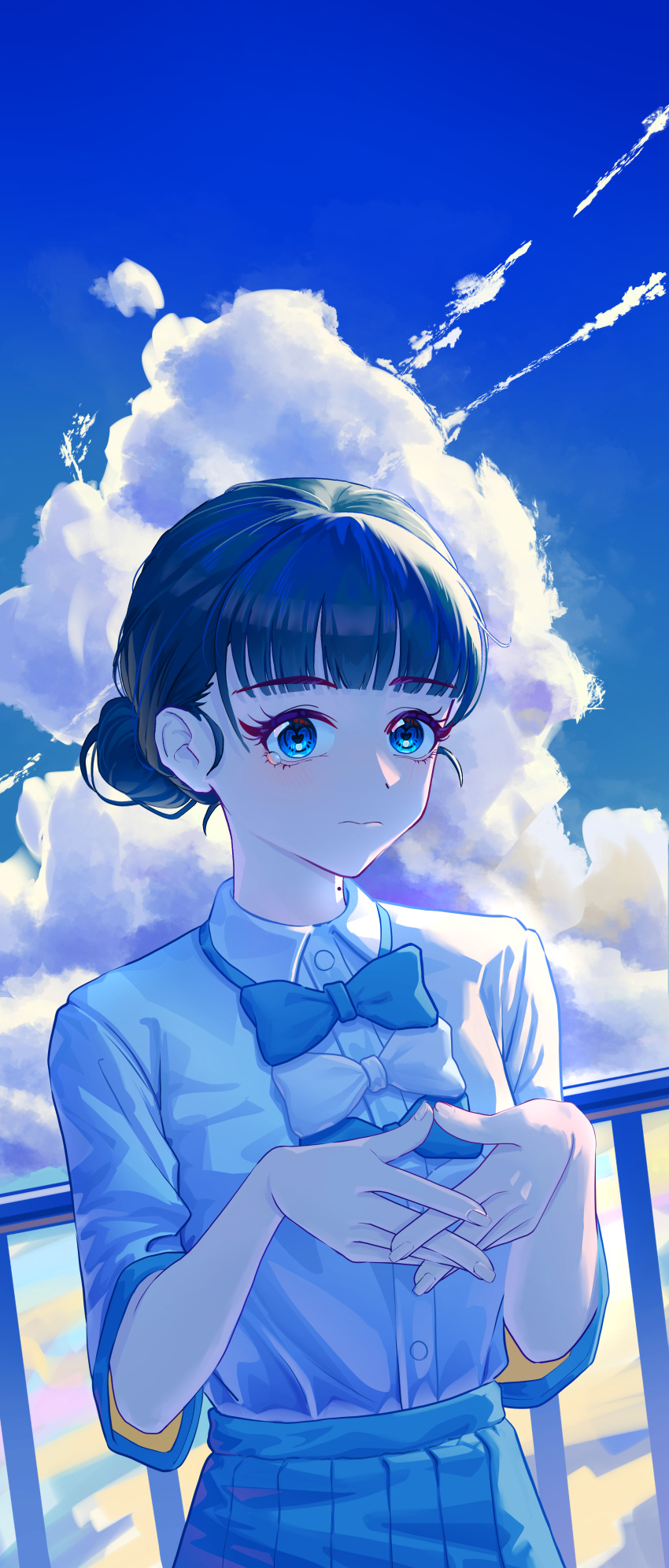 Safebooru - 1girl absurdres basori tiara black hair blue bow blue bowtie blue eyes bow bowtie ...